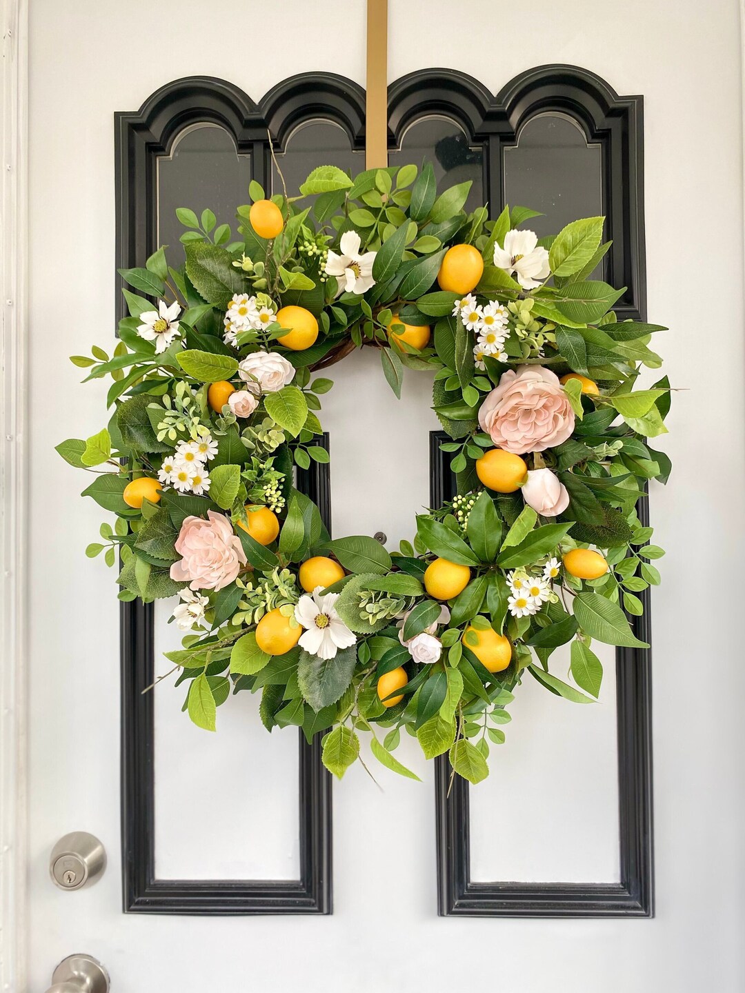 Lemon Wreath With White Flowers and Pink Peonies, Cottage Wreath for ...