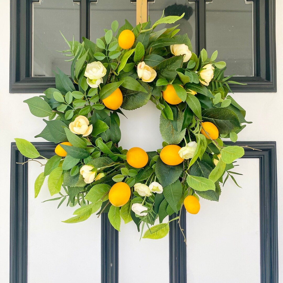 Small Summer Lemon Wreath With White and Yellow Flowers, Lemon Kitchen ...