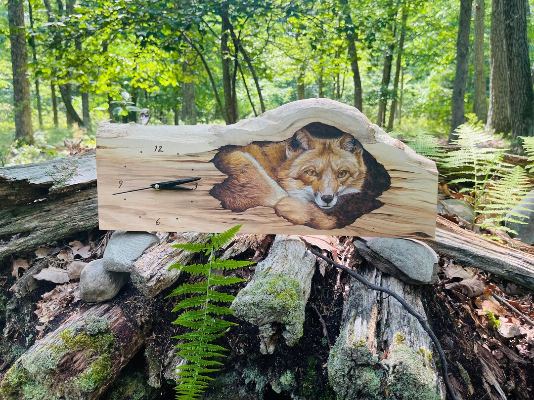 Clock Wood Fox- Live Edge Wood Clock, Fox Table Clock, Wood Plank Clock ...