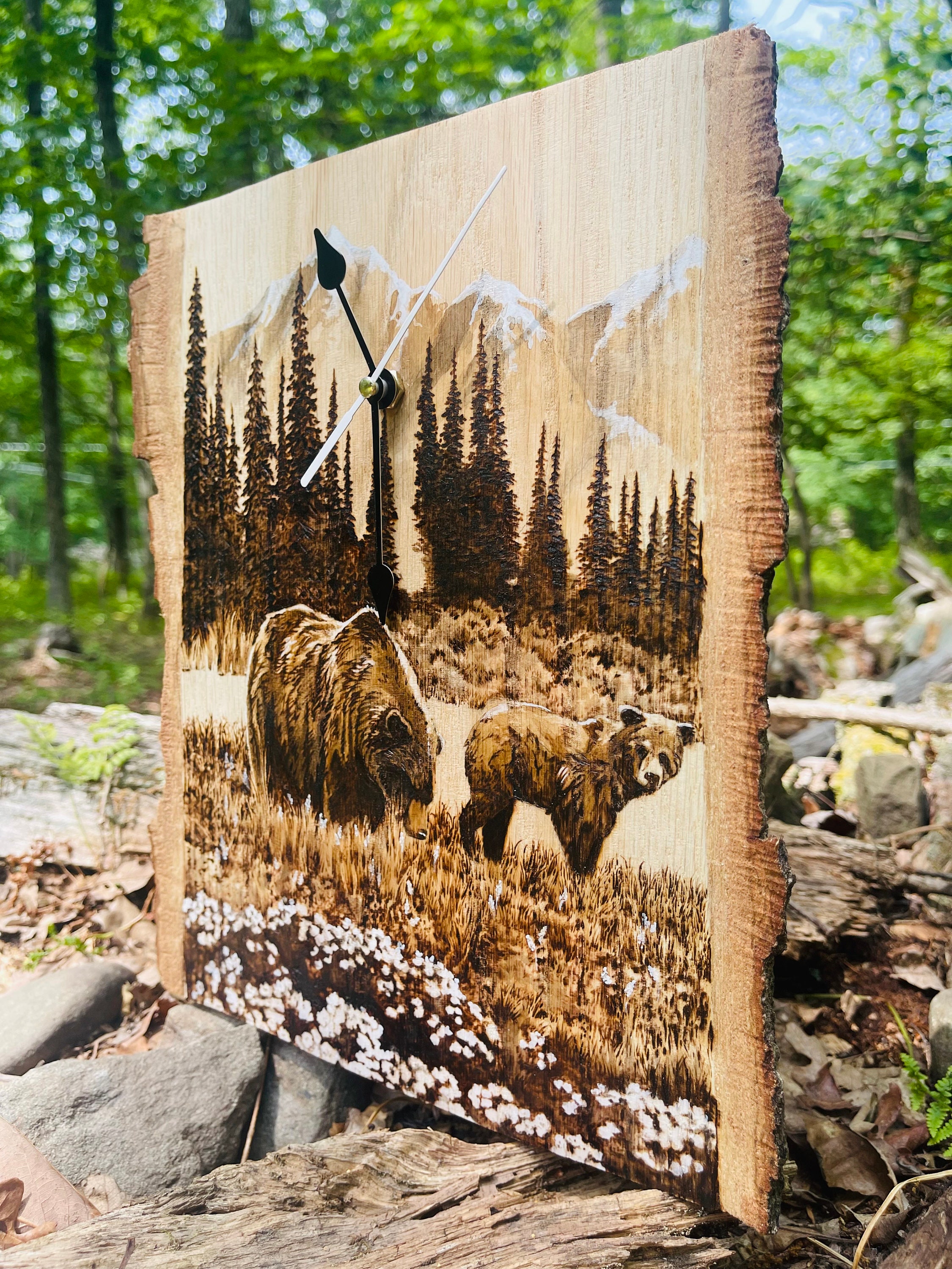 Bear Wood Clock Live Edge Clock, Bear Decor, Pyrography Art ...