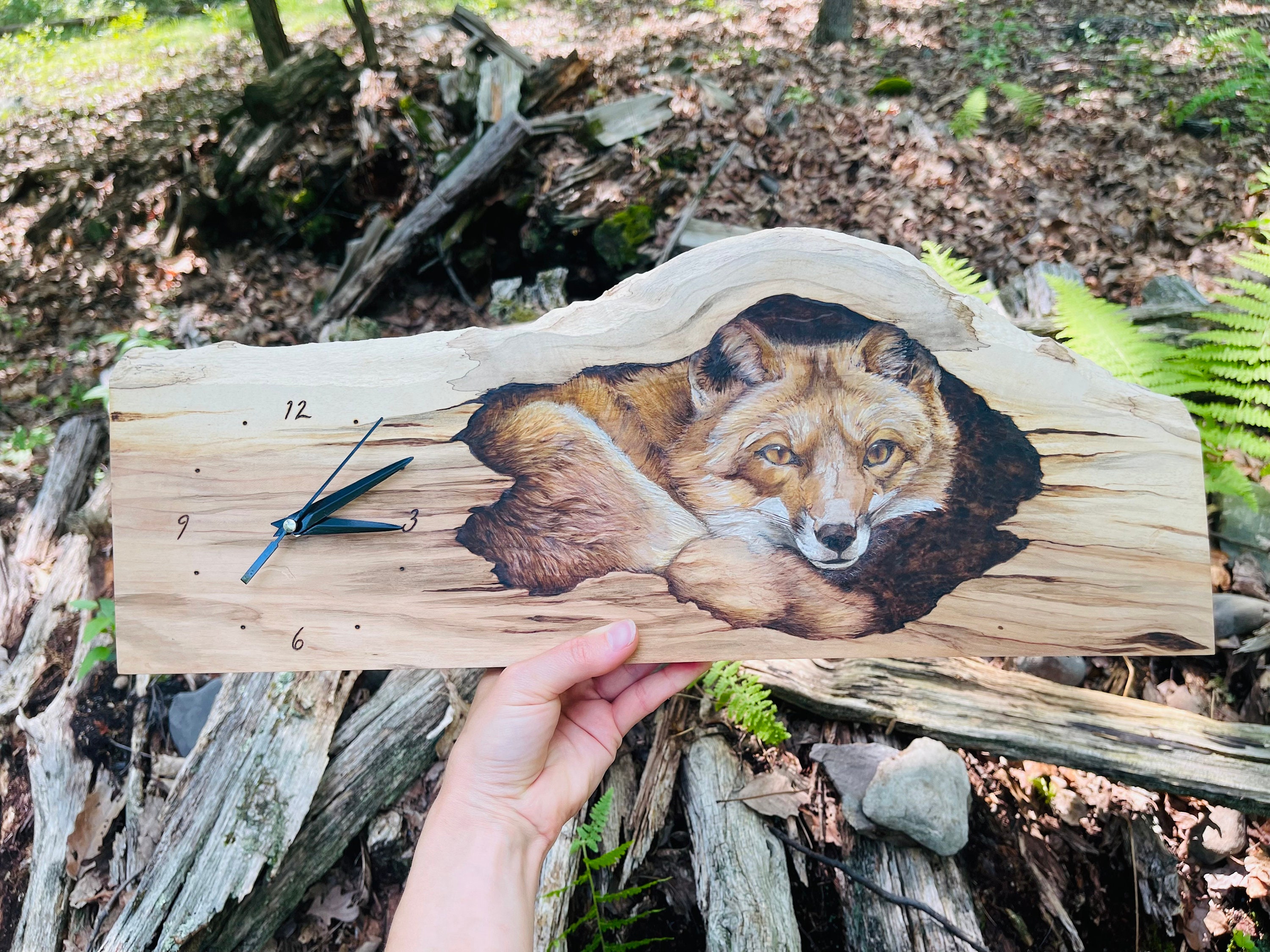 Clock Wood Fox Live Edge Wood Clock, Fox Table Clock, Wood Plank Clock ...