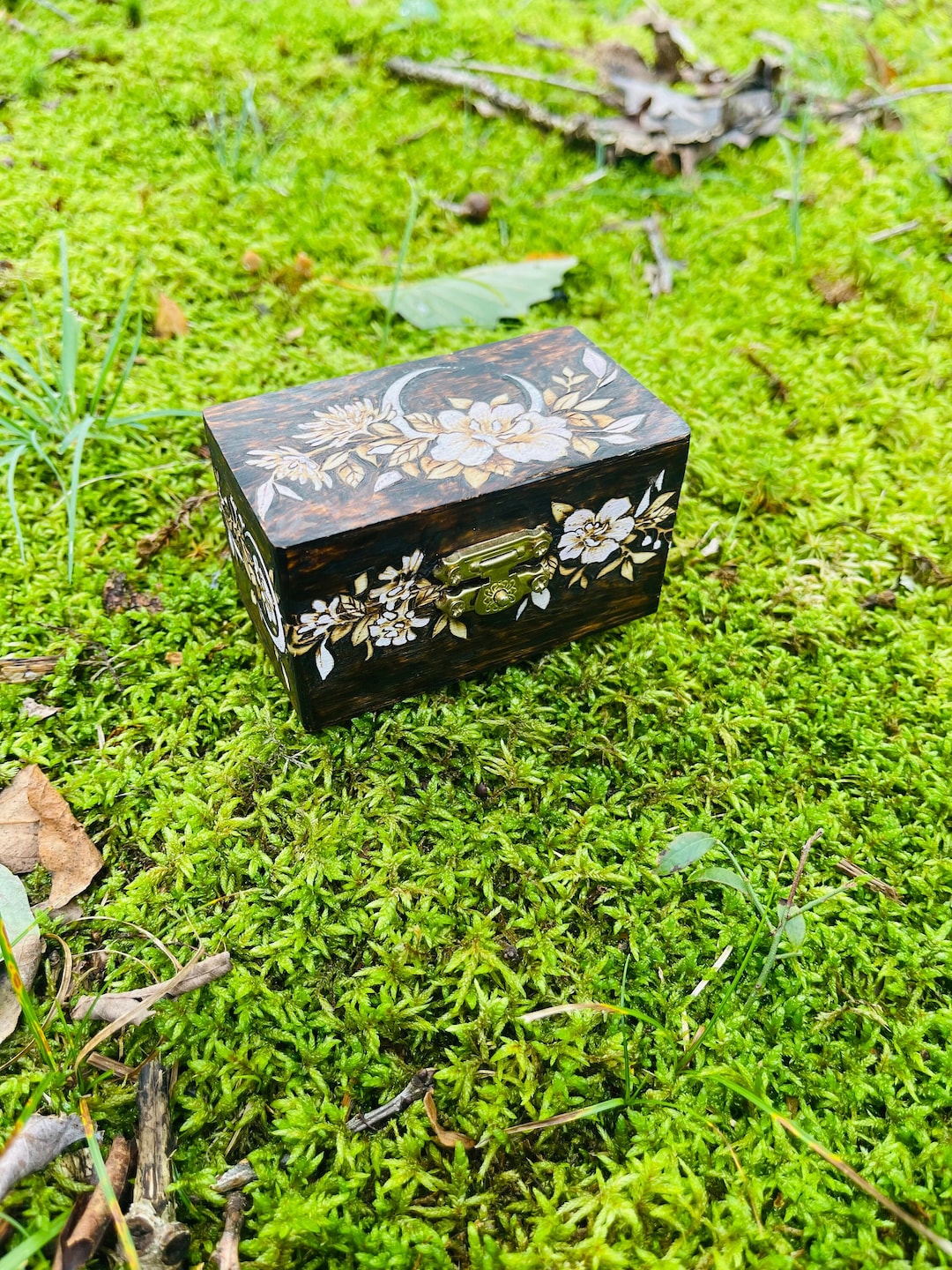 Moon Flower Wood Box Floral Jewelry Box, Mini Keepsake Box, Moon Witch ...