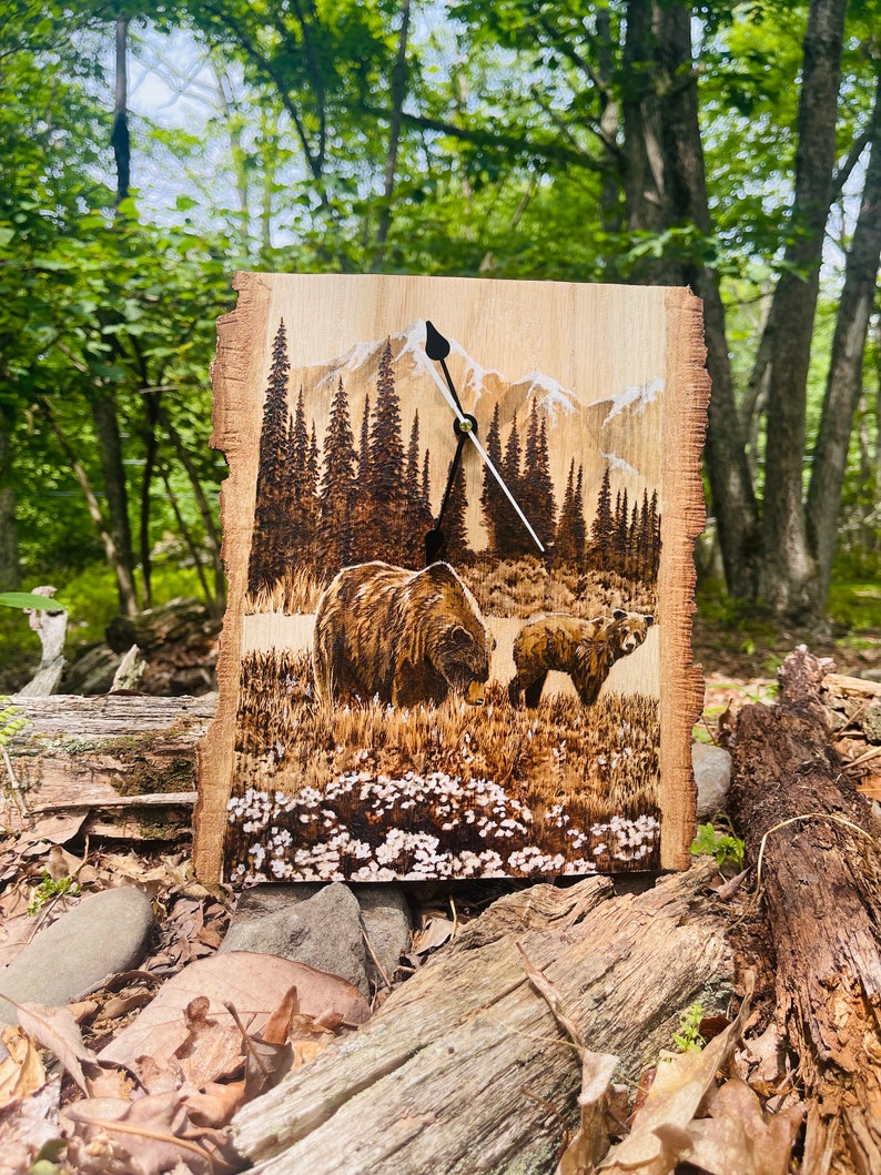 Bear Wood Clock Live Edge Clock, Bear Decor, Pyrography Art ...