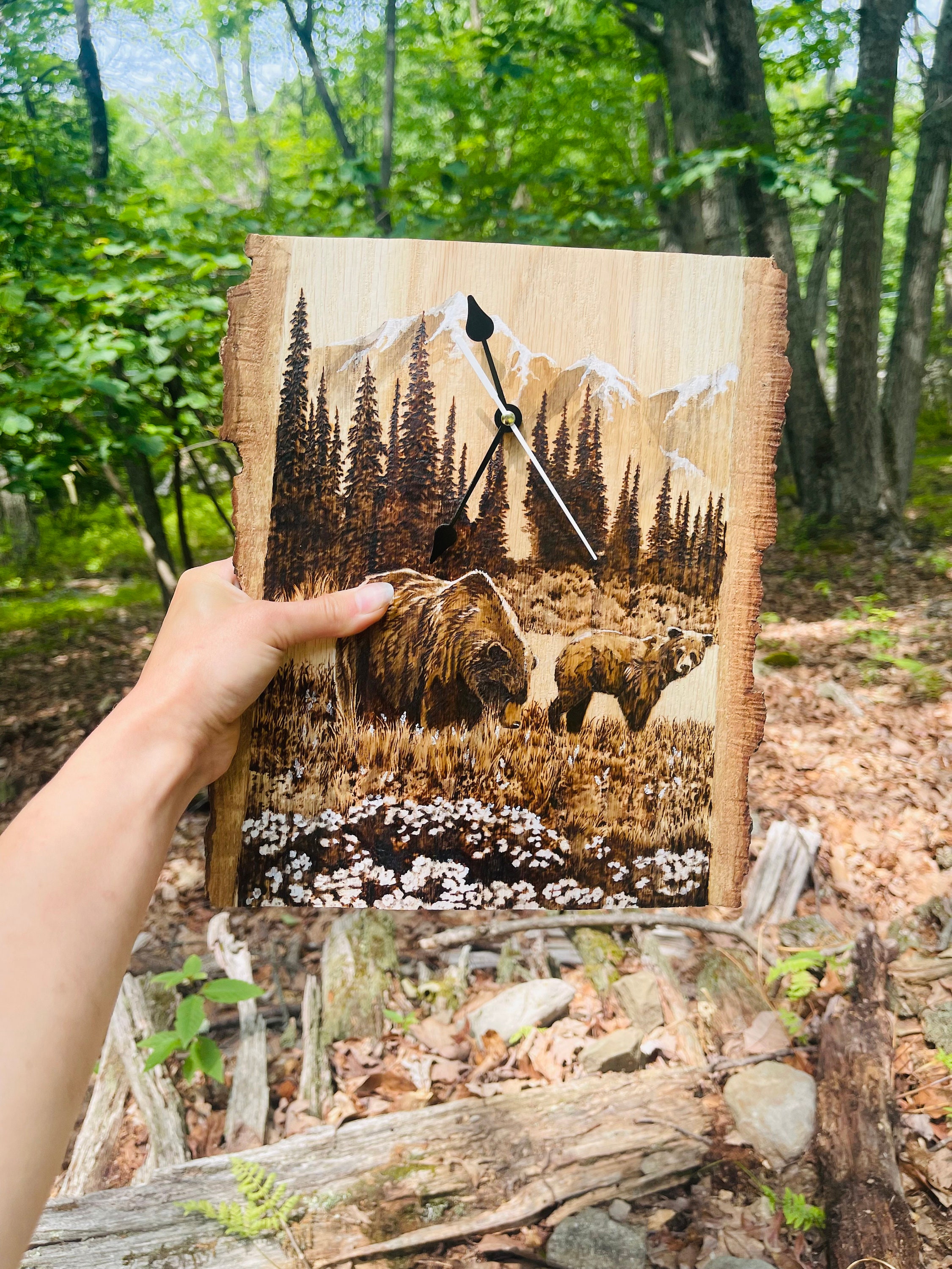 Bear Wood Clock Live Edge Clock, Bear Decor, Pyrography Art ...