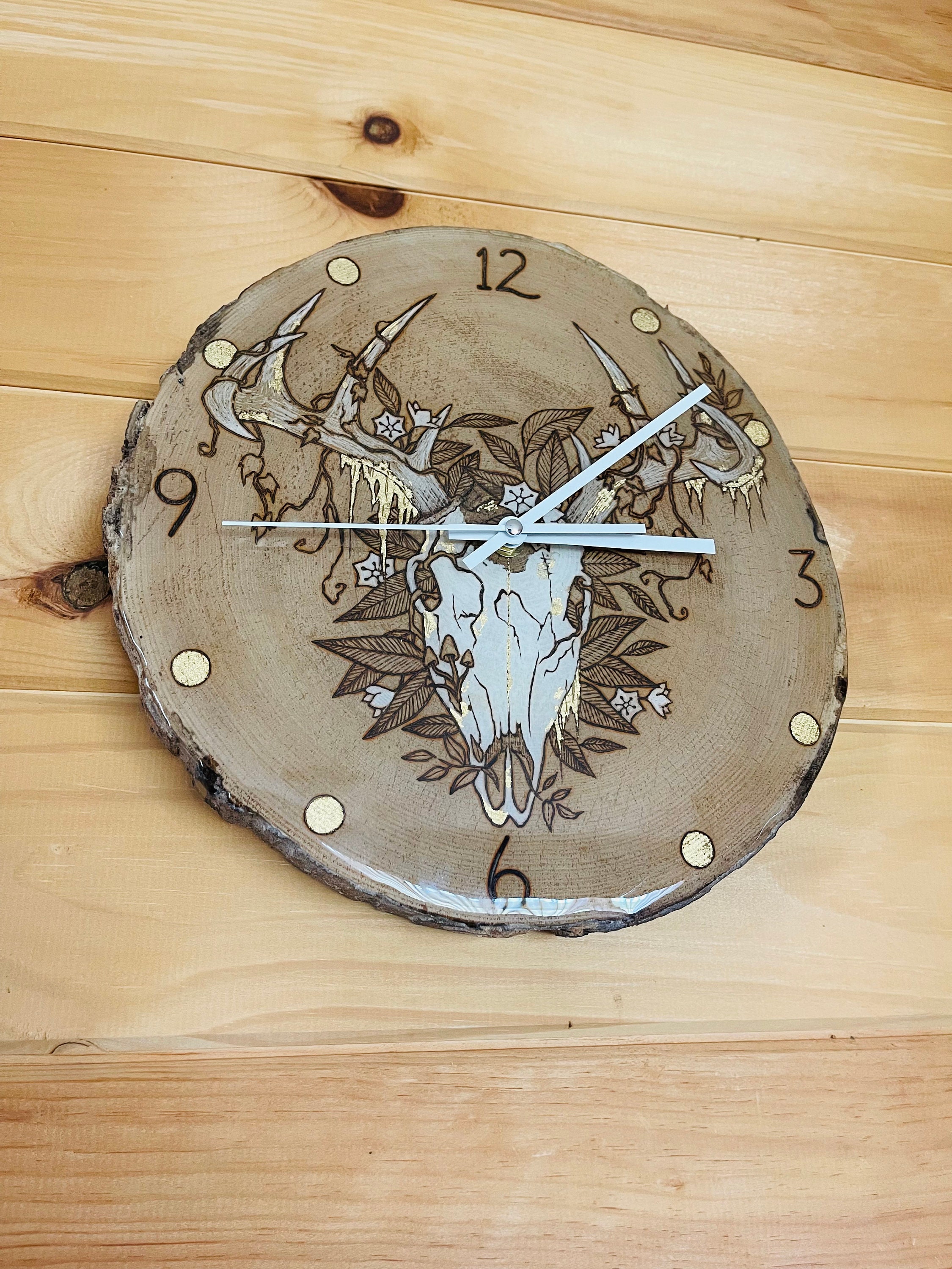 Clock Wood Deer Skull Live Edge Clock,buck Deer Skull, Woodburned Clock ...