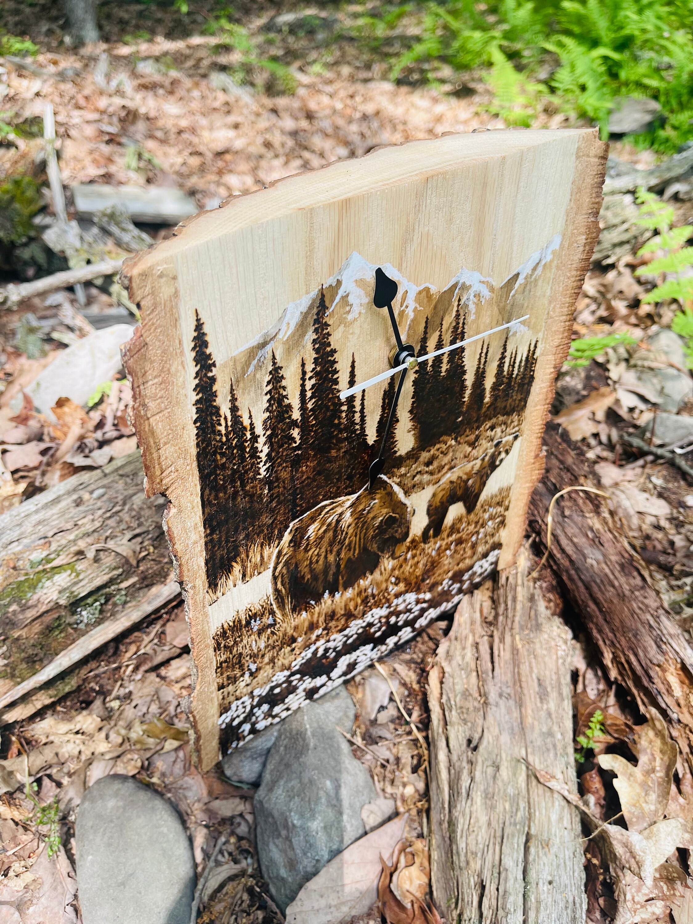 Bear Wood Clock Live Edge Clock, Bear Decor, Pyrography Art ...