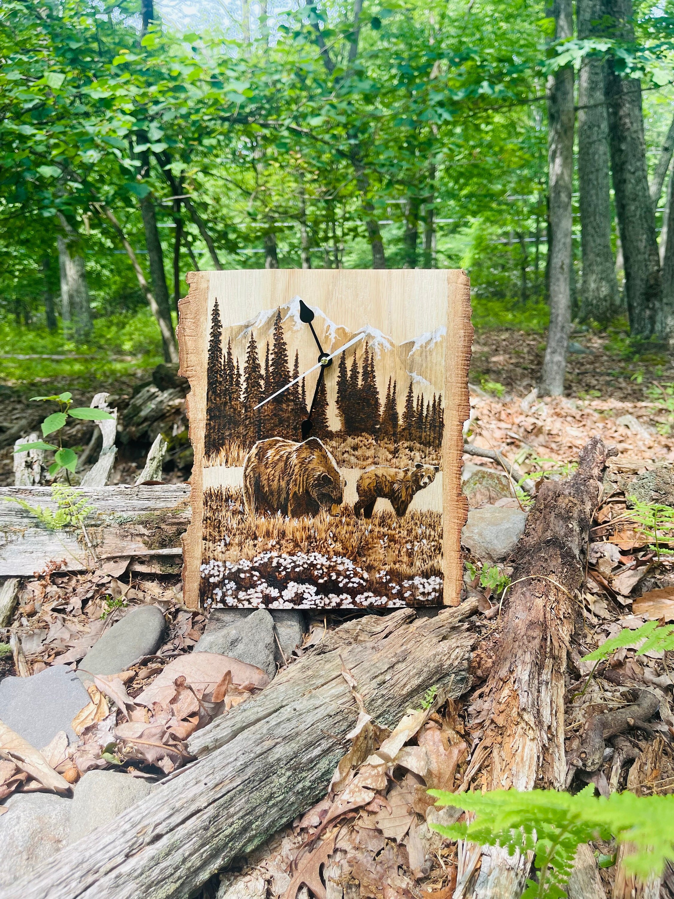 Bear Wood Clock Live Edge Clock, Bear Decor, Pyrography Art ...