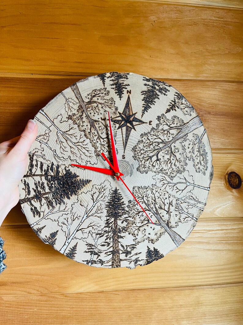 Compass Clock Wood Tree Clock, Live Edge Clock, Clock Gift, Wall Art ...