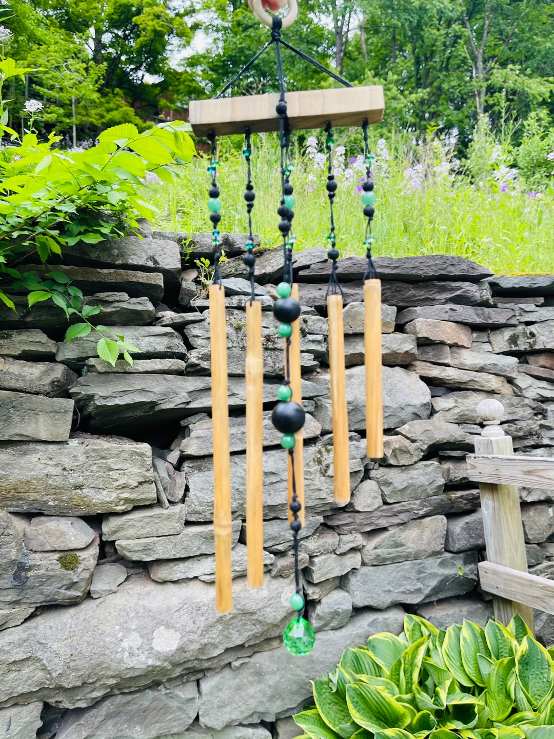 Earthy Aventurine Wind Chime- Wood Chime, Bamboo Wind Chime, Gemstone ...