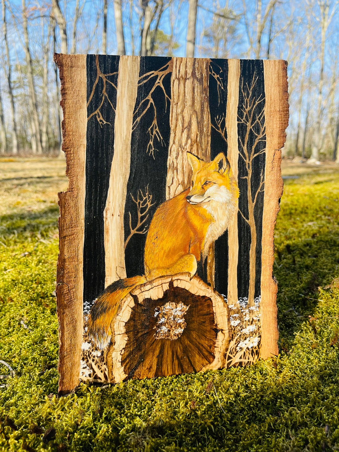Fox Wood Table Piece Live Edge Wood Art, Fox Painting, Spiritual ...