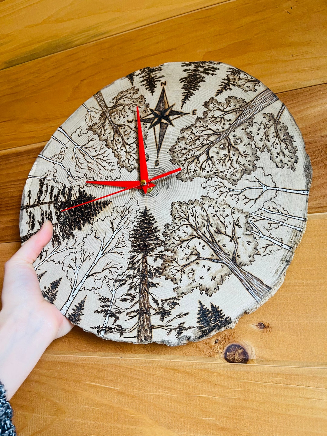 Compass Clock Wood- Tree Clock, Live Edge Clock, Clock Gift, Wall Art ...