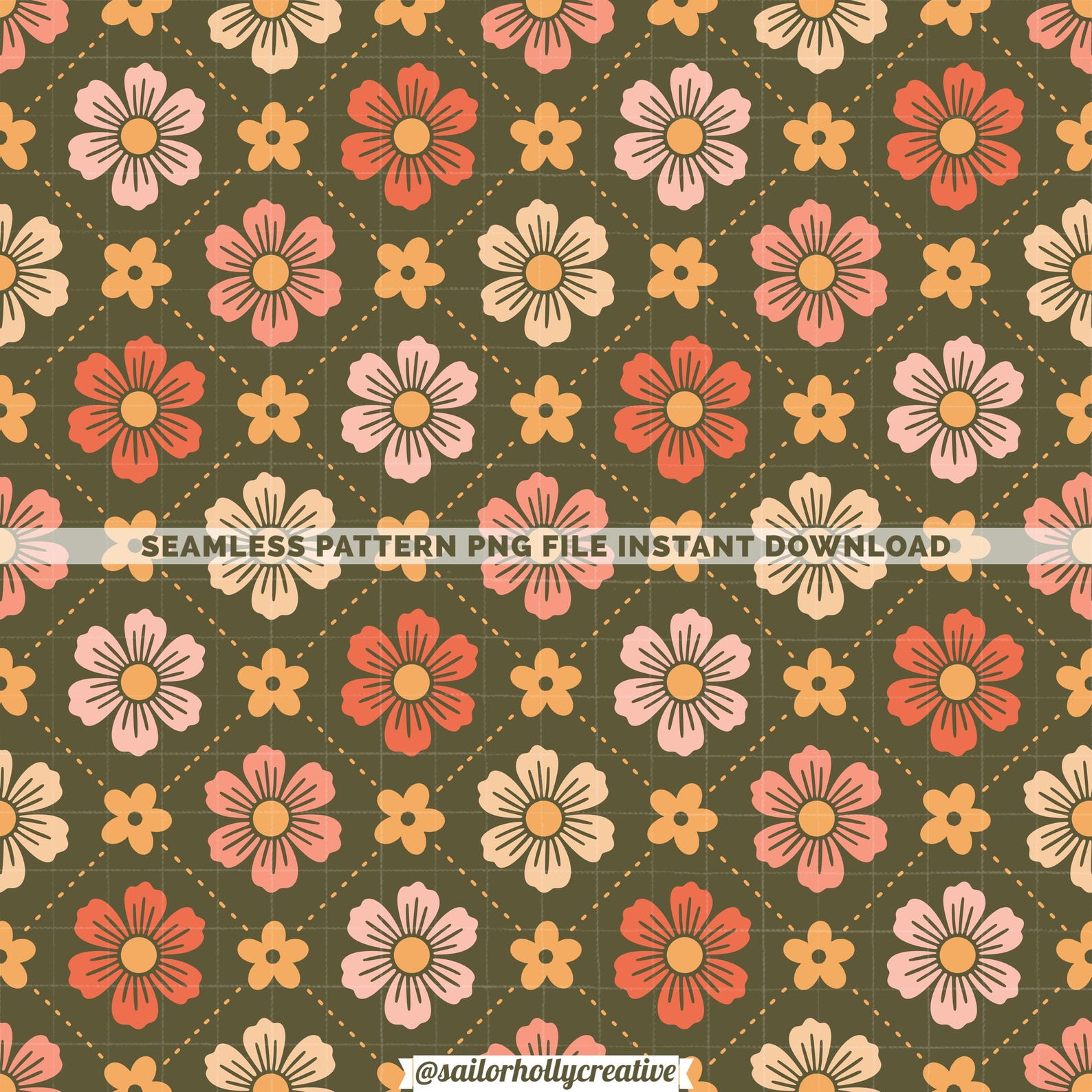 Retro Cosmos Flower Green Seamless Pattern 300 DPI PNG Instant Download ...