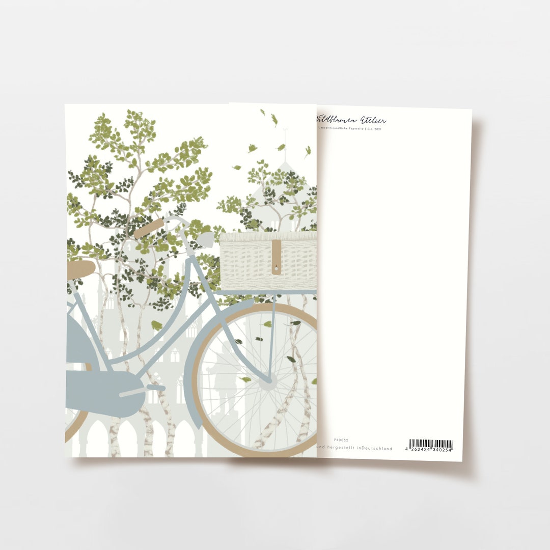 Postcard Bicycle With Trees and Skyline, Hand Drawn Botanical Drawing ...