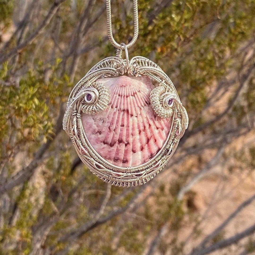 Symmetrical Sterling Silver Wire Wrapped Seashell With Pink and Purple ...