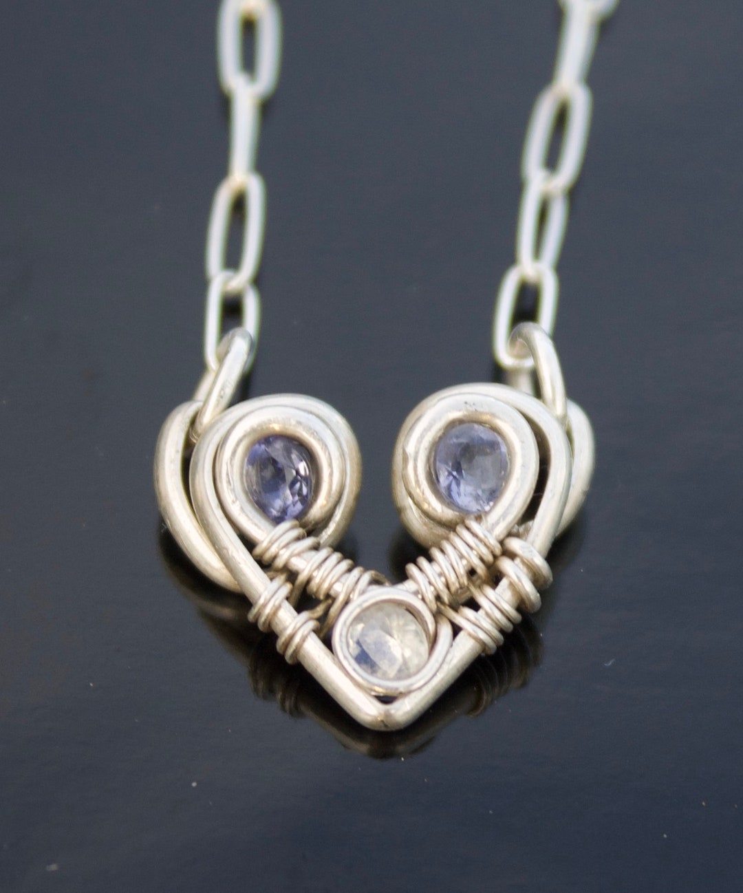 Heart-shaped Sterling Silver Wire Wrapped Iolite and Moonstone Crystal ...