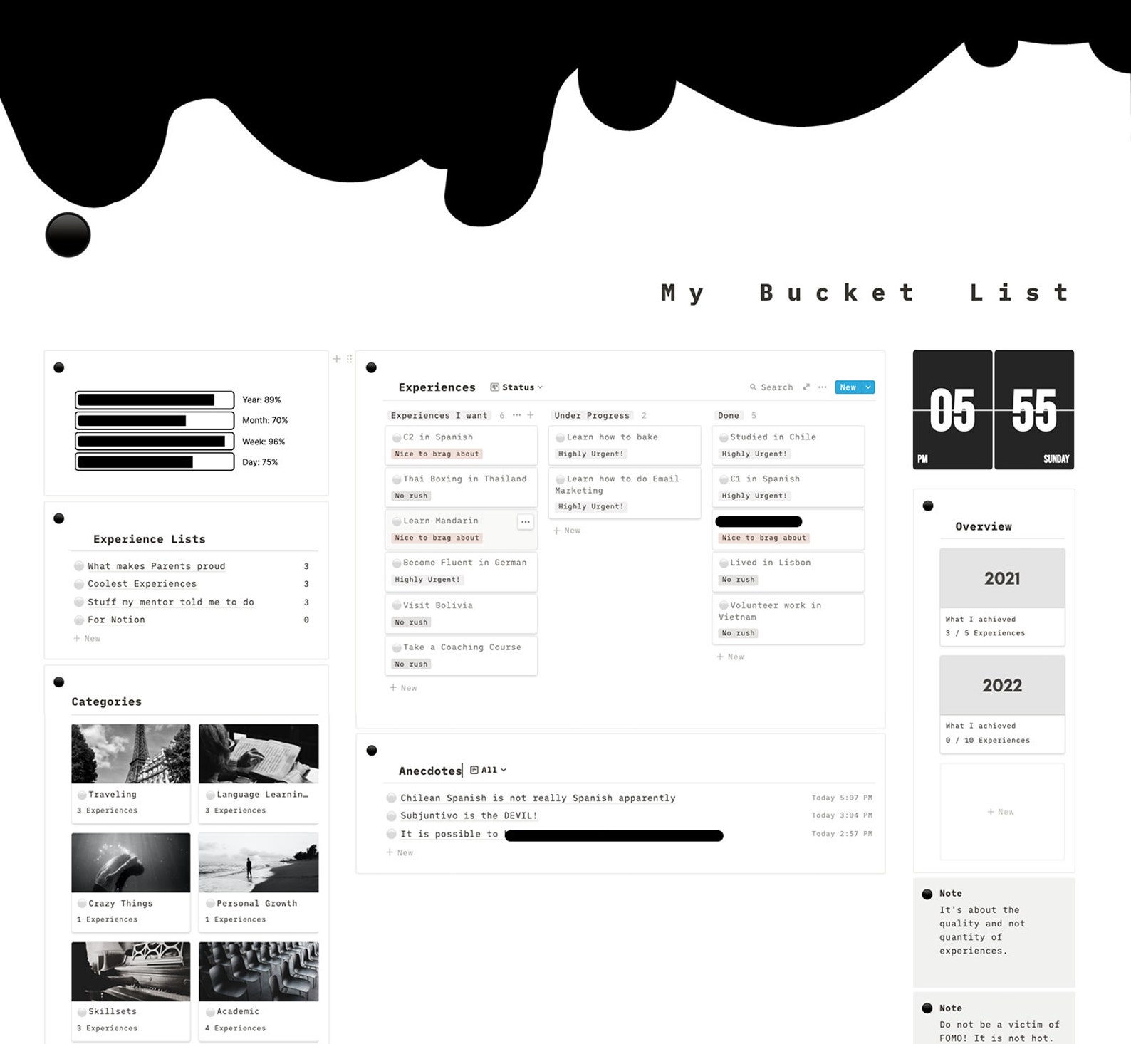 BUCKET LIST PLANNER Notion Template | Experience Memory Tracking ...