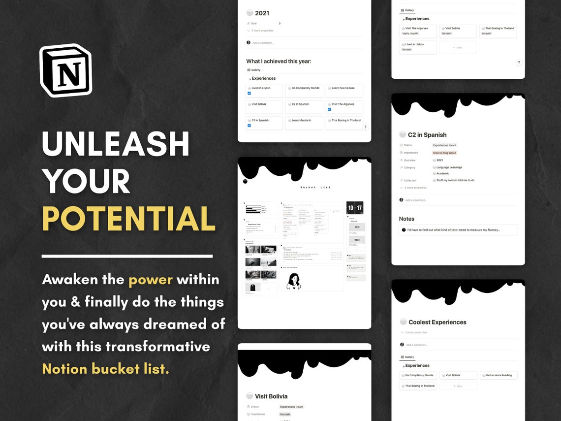 BUCKET LIST PLANNER Notion Template Experience Memory Tracking Anecdote ...