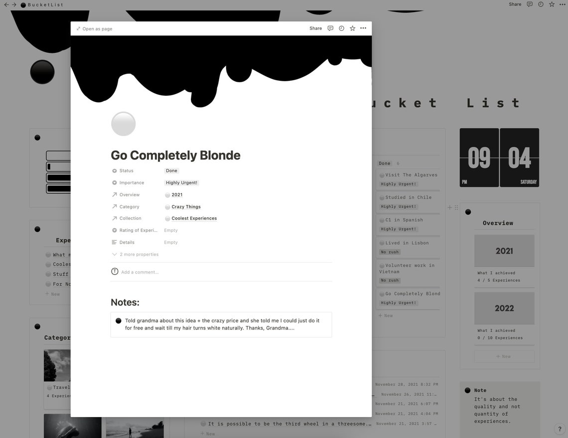 BUCKET LIST PLANNER Notion Template Experience Memory Tracking Anecdote ...
