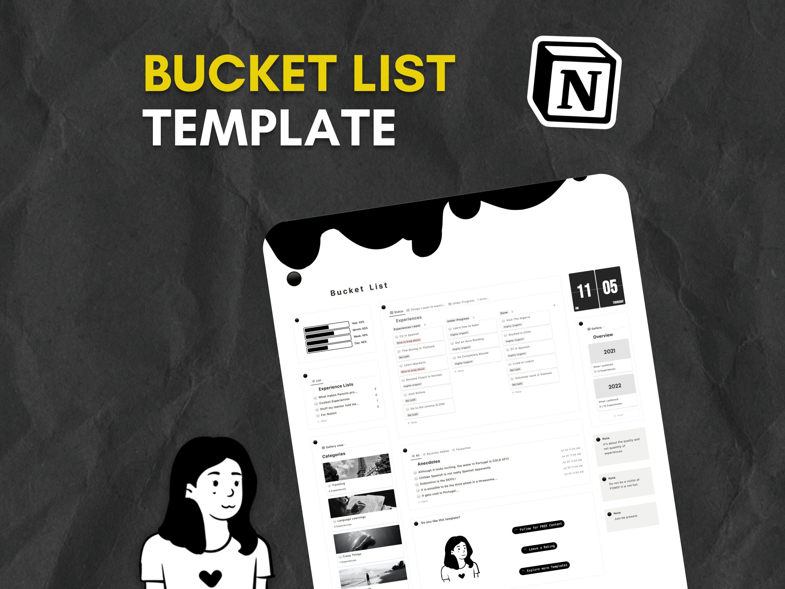 BUCKET LIST PLANNER Notion Template | Experience Memory Tracking ...