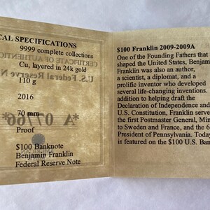 Benjamin Franklin American Mint 24k Gold Layered Coin 100 Dollars 2009 ...