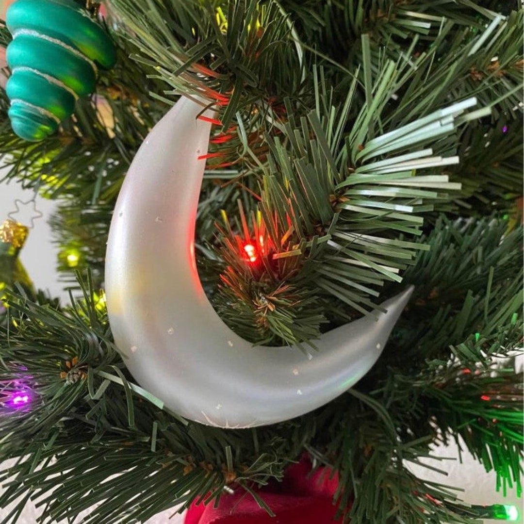 Vintage Silvery White Crescent Moon Blown Glass Christmas Tree Ornament ...