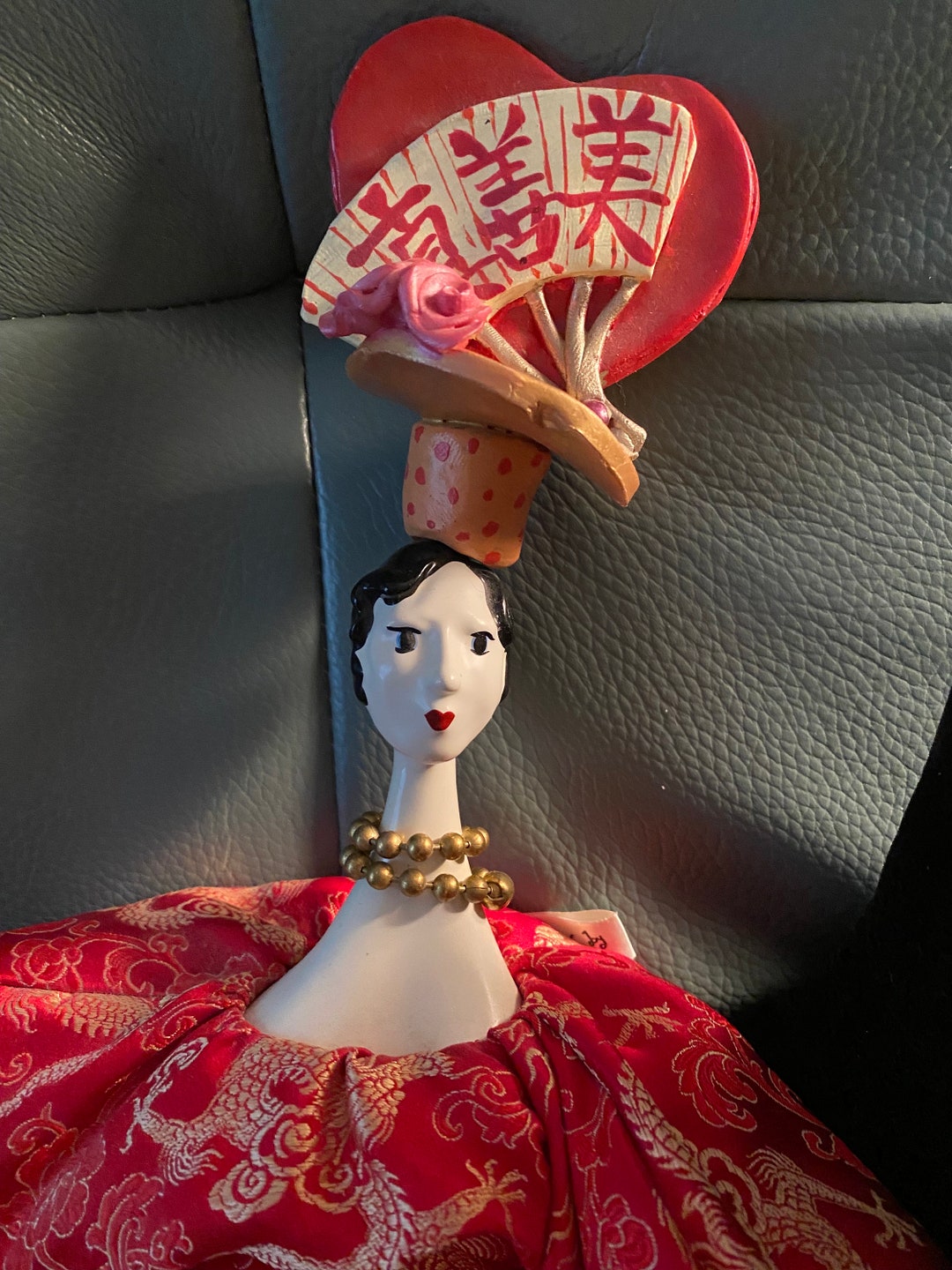 Poupee by Isabelle Millet Art Doll Wearing Asian Red, Gold Headdress ...