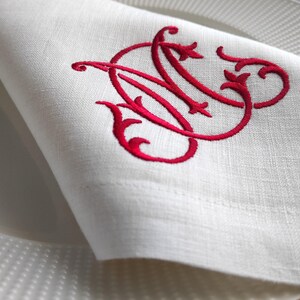 Double Lettered Monogrammed Linen Napkins, Interlocking Monogram Linen Napkins, Antique Chic ...