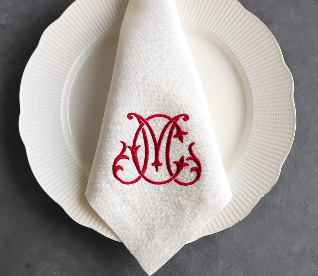 Double Lettered Monogrammed Linen Napkins, Interlocking Monogram Linen ...