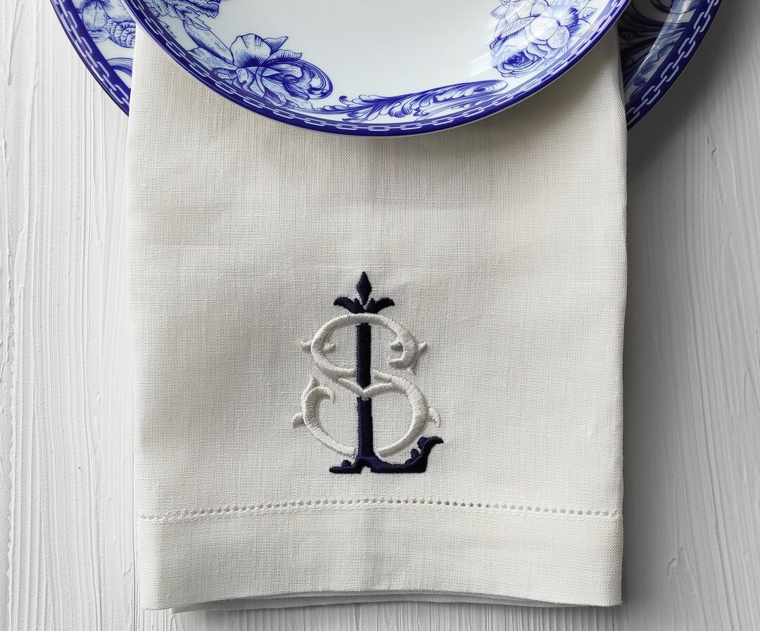 Double Lettered Monogrammed Linen Napkins, Interlocking Monogrammed Linen Napkins, Antique Chic ...