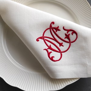 Double Lettered Monogrammed Linen Napkins, Interlocking Monogram Linen Napkins, Antique Chic ...