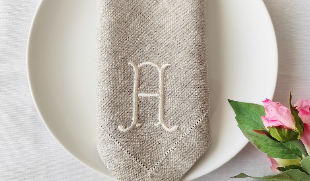 Monogrammed Linen Napkin, Embroidered Linen Wedding Napkin, Hemstitched ...
