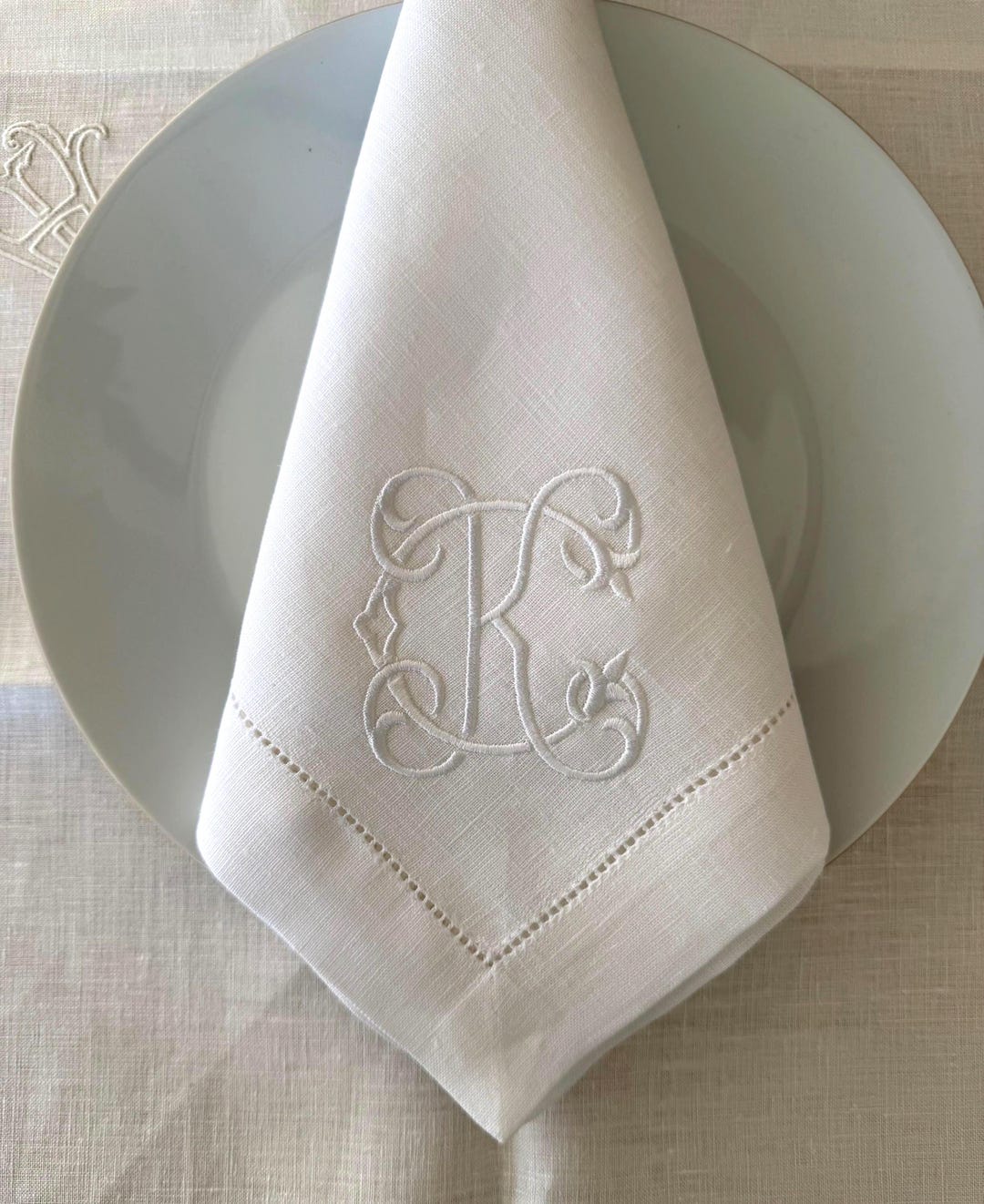 Double Lettered Monogrammed Linen Napkins, Interlocking Monogram Linen Napkins, Antique Chic ...