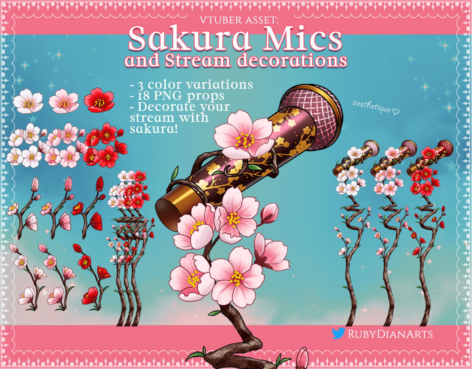 Sakura Mics Set and Stream Decorations Vtuber Assets Props for Streaming Pink Cherry Blossom ...