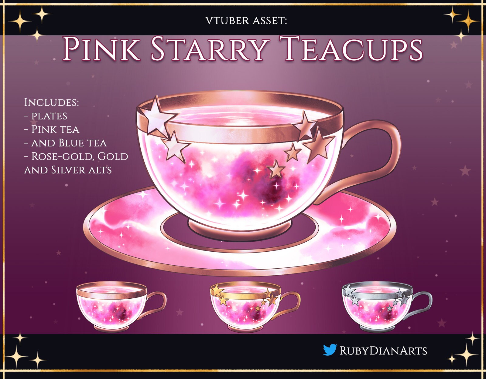 PINK Starry Teacups | Celestial Vtuber Assets | Star Galaxy Tea Set ...