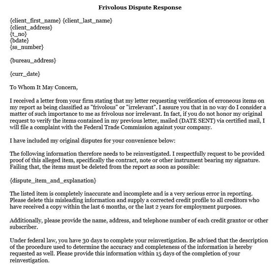Frivolous Dispute Letter - Etsy