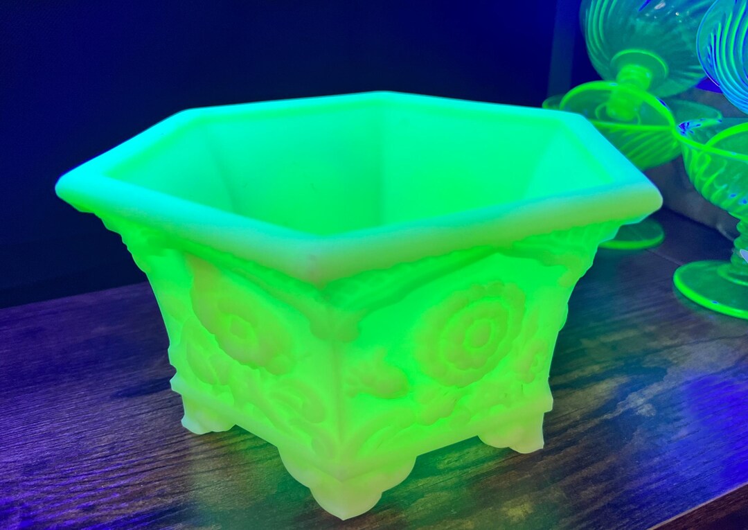 Custard Satin Fenton Hexagon Footed Planter With Exterior Floral Motif ...