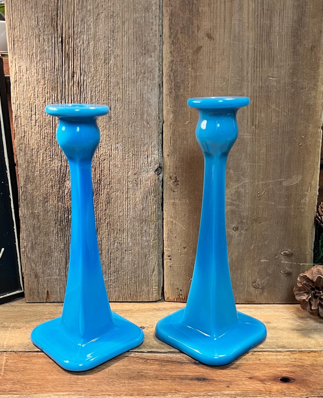 Cambridge Glass Blue Opaline Azurite Candlesticks; Set of Two; 10" Tall ...