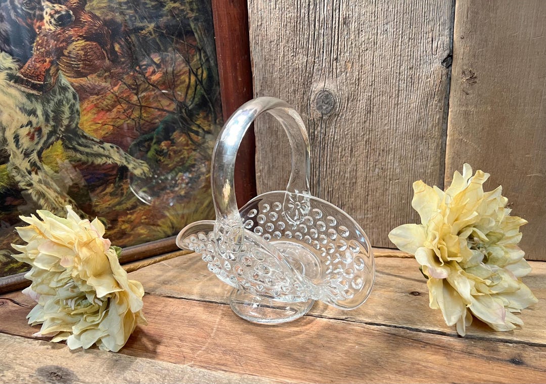 Unmarked 6" Tall Clear Glass Basket With Hobnail Pattern and Curved ...