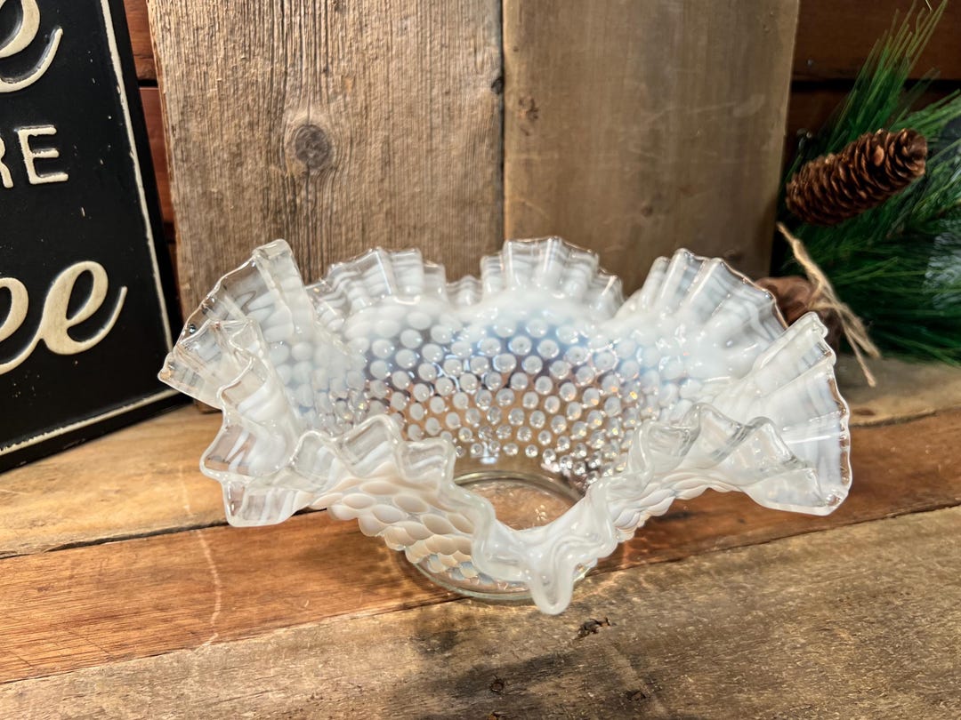 Vintage Fenton Moonstone Opalescent Hobnail Ruffled Bowl; 9-1/2" Wide ...