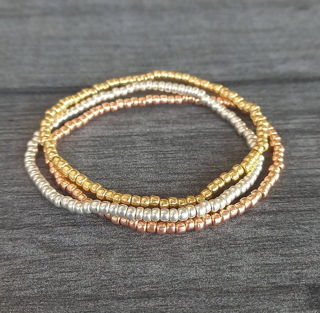 Stacking Bracelets, Rose Gold, Gold and Silver Set of 3, Plain, Tri Colour, Tiny Beaded Skinny ...