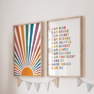 Kid Affirmation Wall Art, Playroom Poster Set Of2, I Am Kind I Am Loved ...
