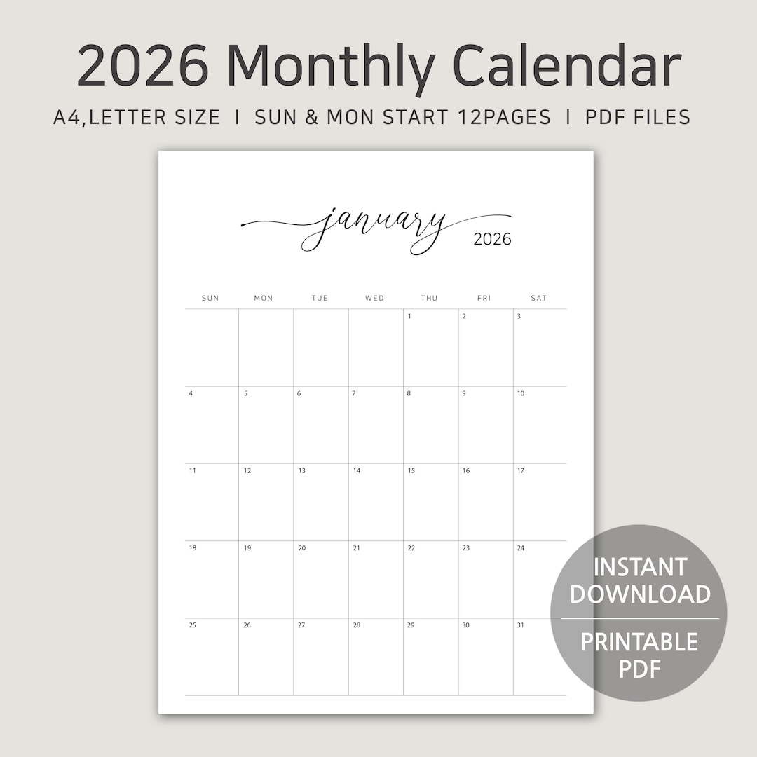 2026 Printable Calendar Portrait, A4 & Letter Size Monthly Planner ...