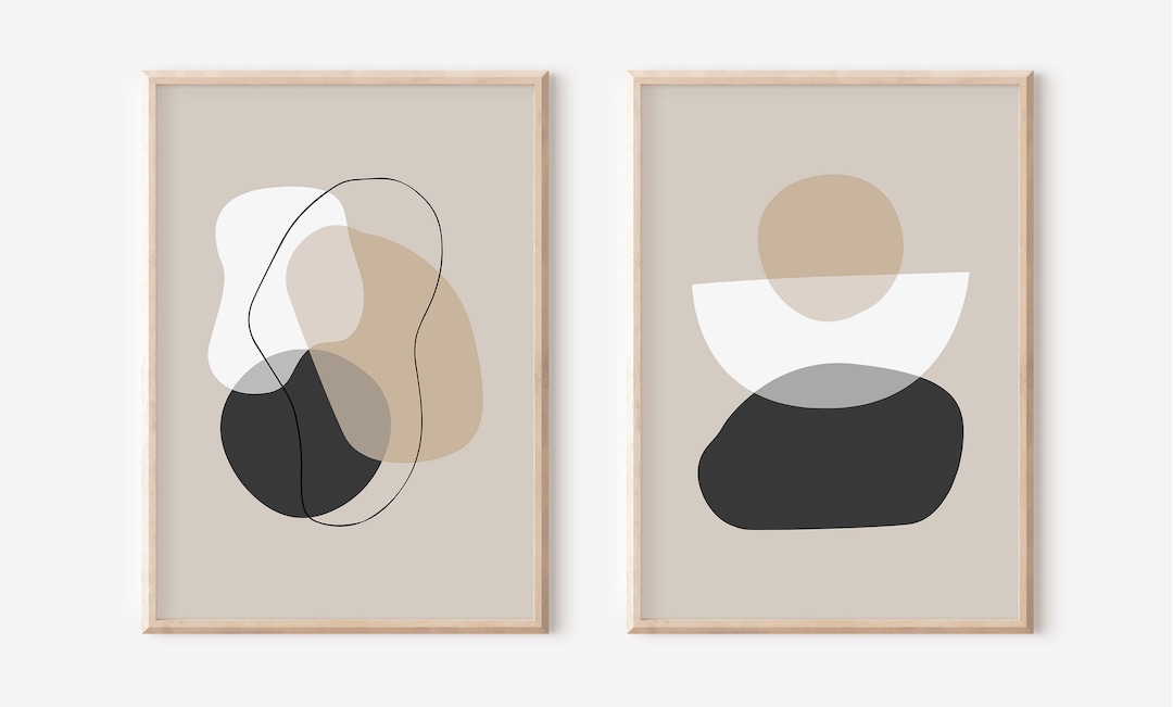 Abstrakter Art Print 2er Set, schwarz beige, Mid Century Modern Art, geometrisch, digitaler ...