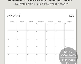 Printable Calendar 2025 | Monthly Planner 2025 | A4, Letter | Landscape ...