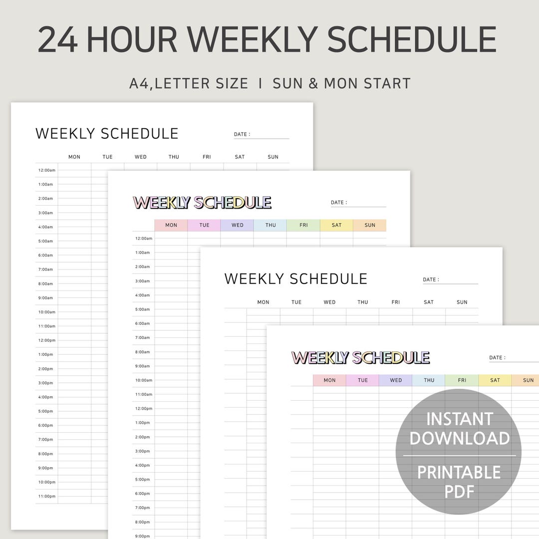 24 Hour Weekly Schedule Landscape, Editable Weekly Planner Template ...