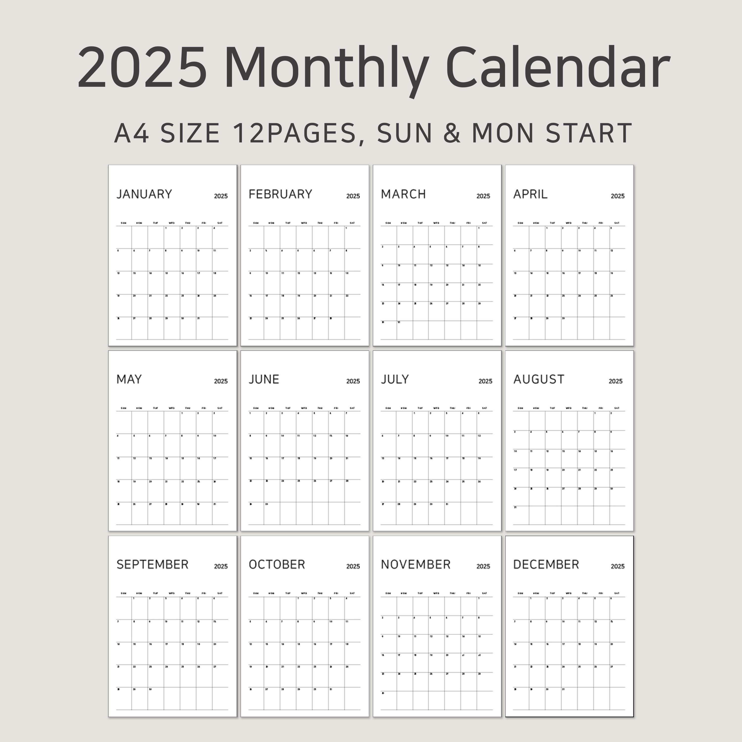 2025 Minimalist Calendar: A4, Letter Size, Vertical Layout (PDF Digital ...