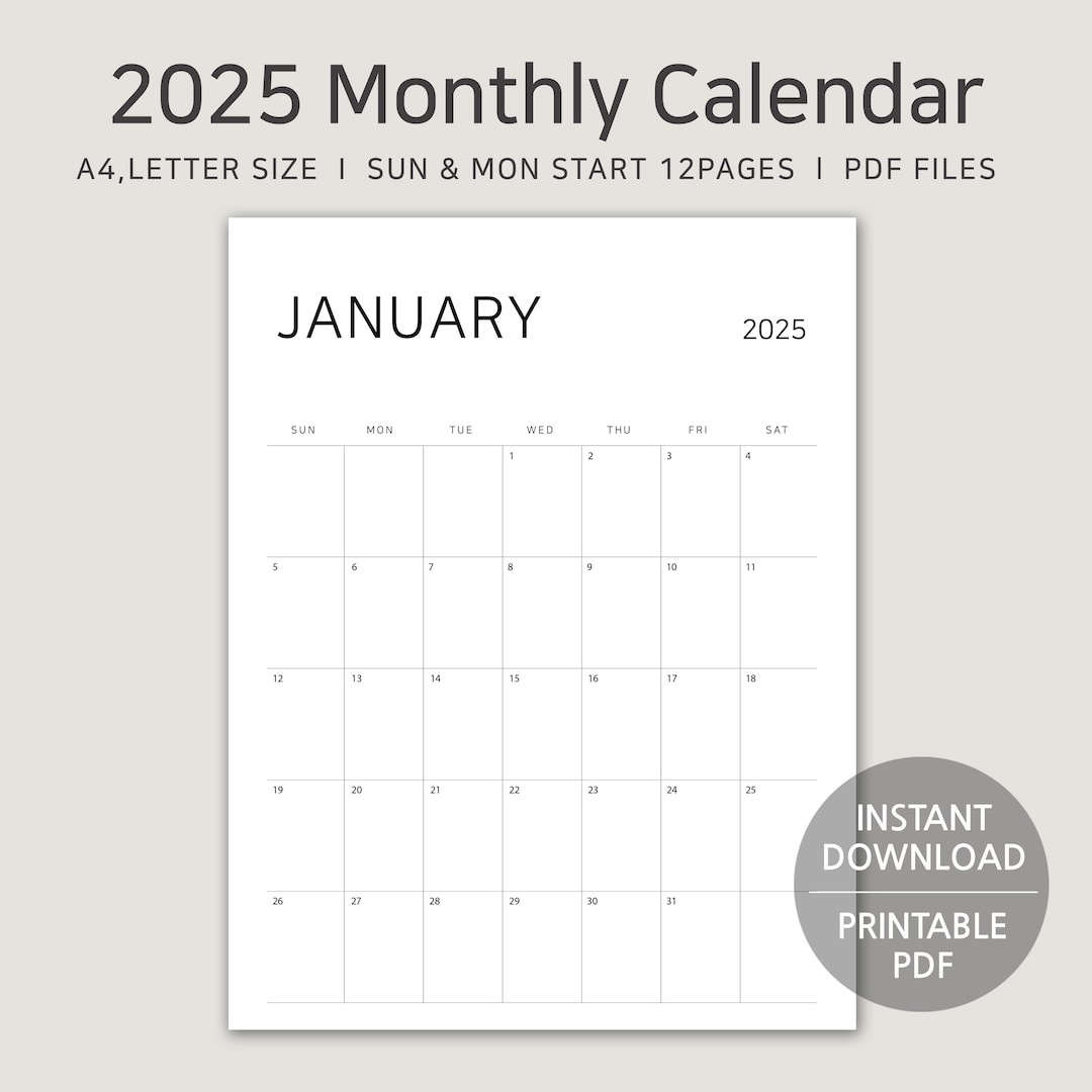 2025 Printable Calendar, A4, Letter Size, Monthly Planner, Vertical ...