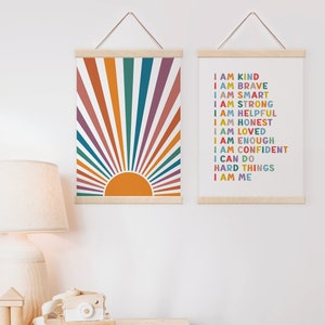 Kid Affirmation Wall Art, Playroom Poster Set Of2, I Am Kind I Am Loved ...