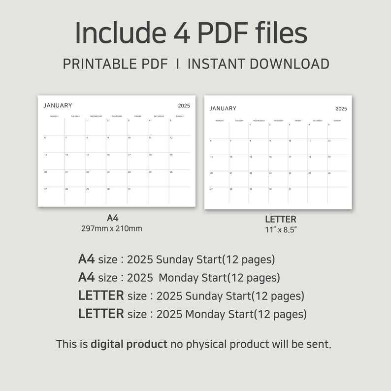 2025 Minimalist Calendar: A4 & Letter Size, Sunday/monday Start (PDF ...