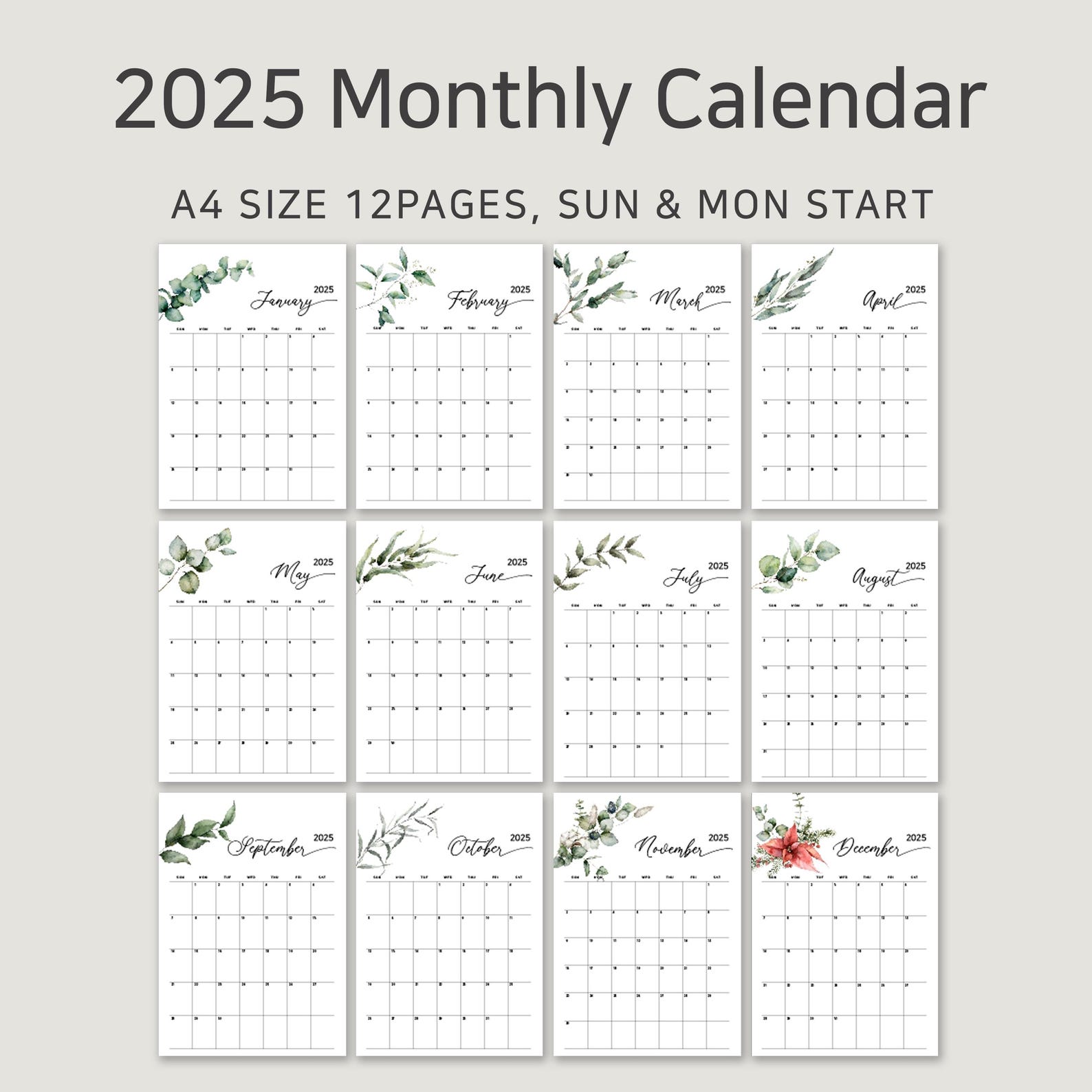 2025 Watercolor Eucalyptus Calendar: A4, Letter Size (PDF Digital ...